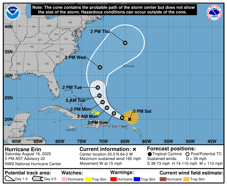 Hurricane Erin now catastrophic Category 5 storm, winds at 160 mph ...