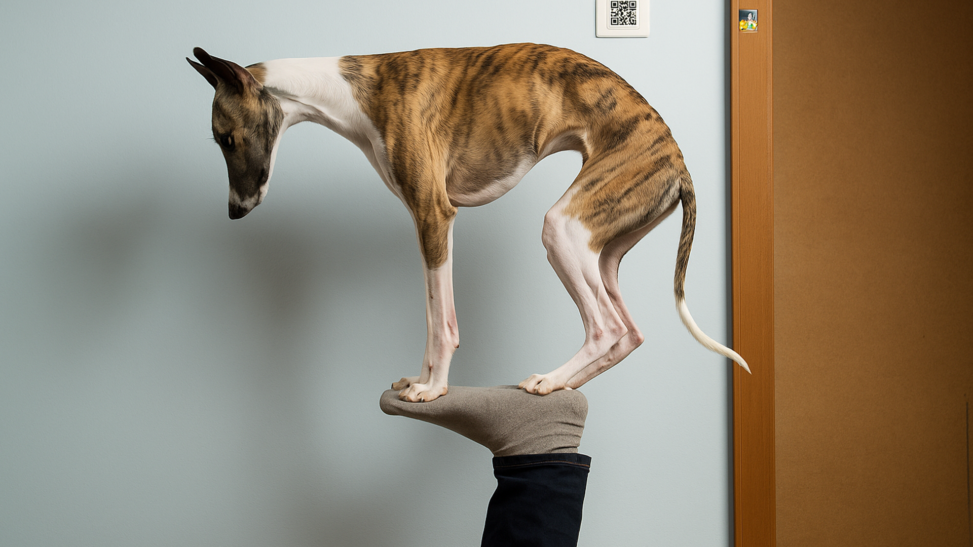 Whippet hond balanceert op een menselijke voet binnenshuis
