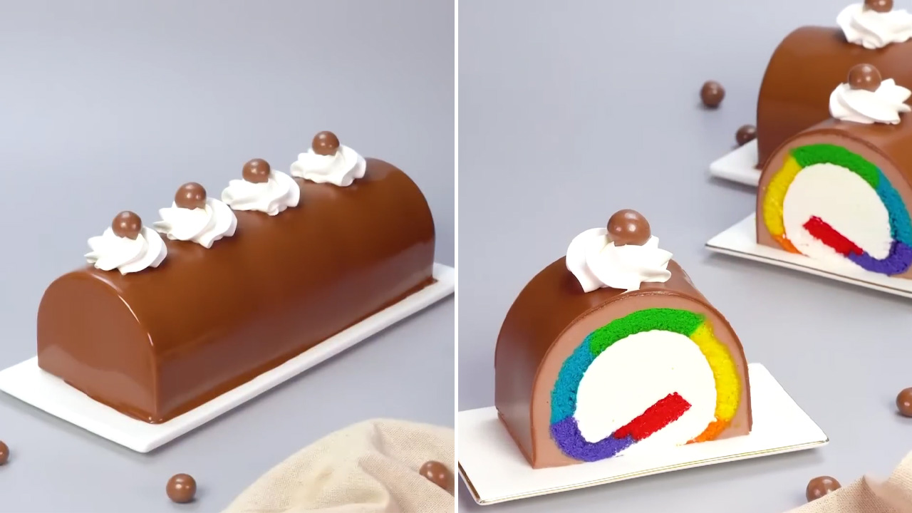 Chocolate rainbow roll cake with creamy filling