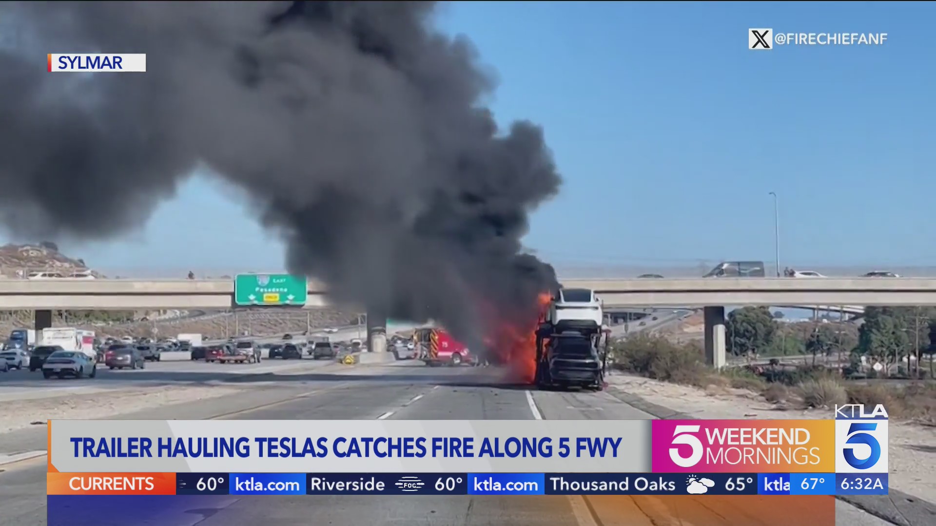 Semi-truck carrying Teslas catches fire, shutting down 5 Freeway in Sylmar