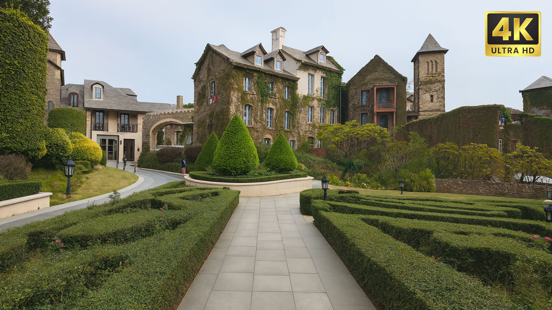 Naturaleza y arquitectura en un castillo cubierto de plantas en China 4K