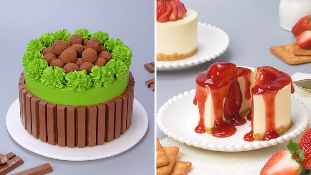 KitKat chocolate cake and mini strawberry cheesecakes