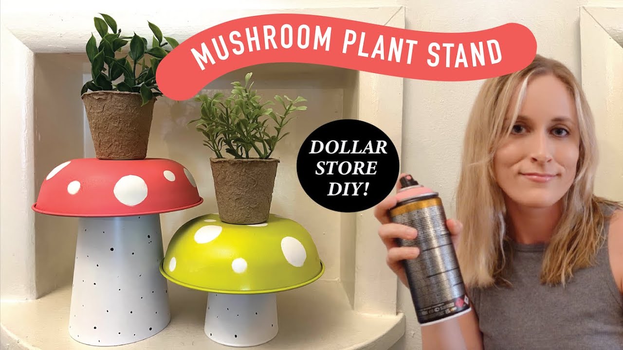 Craft a colorful mushroom plant stand from Dollar Store supplies