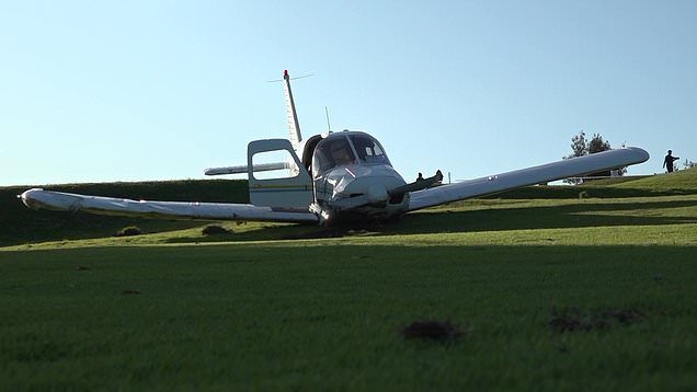 Dramatic moment plane crash lands on golf course