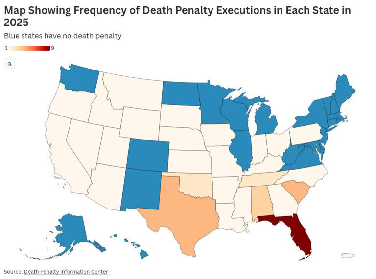 Map shows states that have executed most death row inmates this year