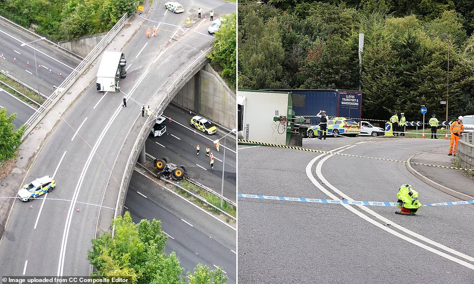 M20 motorway is closed after tractor fell from bridge