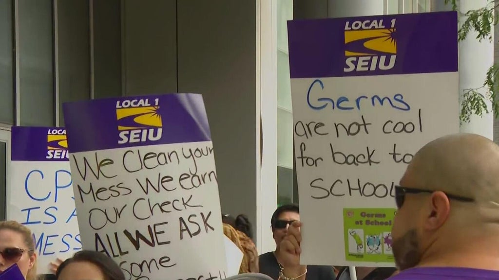 SEIU Local 1 custodians rally against CPS cuts outside South Loop school
