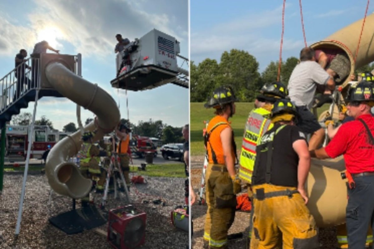 Firefighters forced to cut open child’s playground slide to release ...
