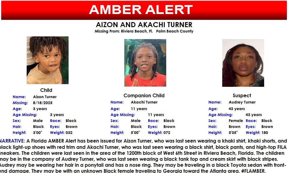 Amber alert issued for two Riviera Beach children