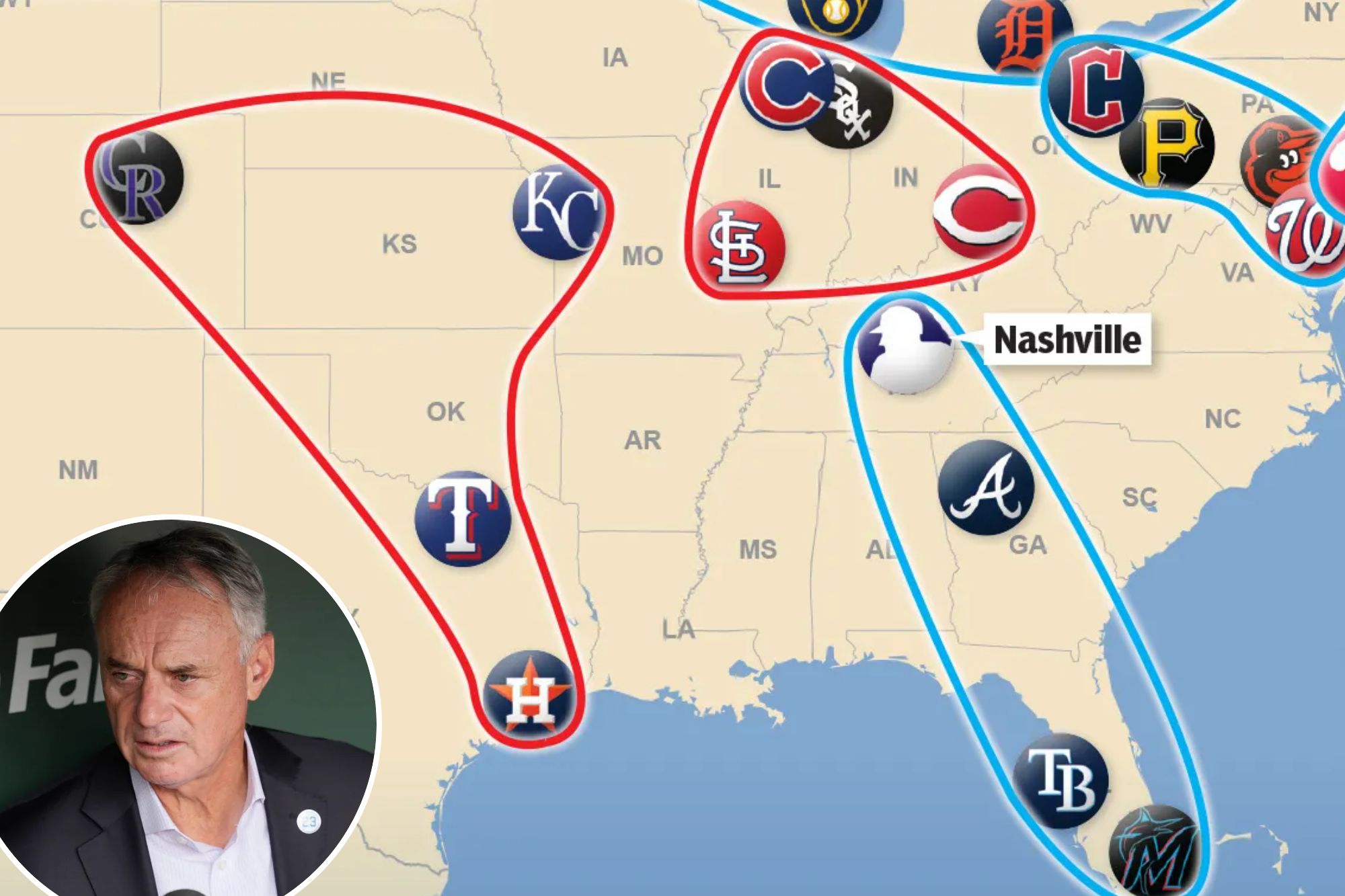 Rob Manfred’s radical MLB realignment idea being met with harsh ...
