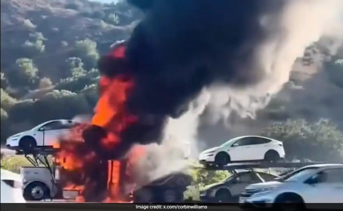 On Camera, 6 Tesla Cars Burn As Vehicle-Carrier Catches Fire In US