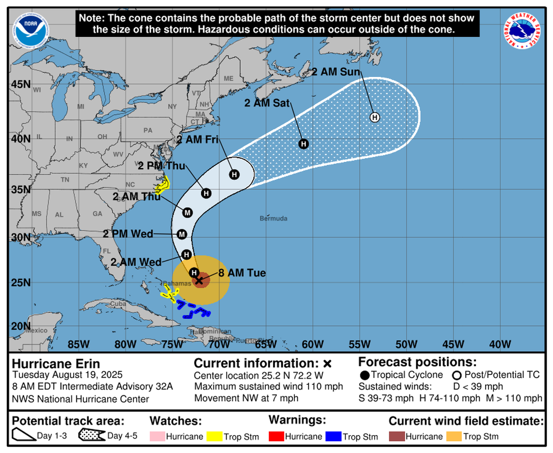 Hurricane Erin grows as it slowly turns north. Two other systems are ...