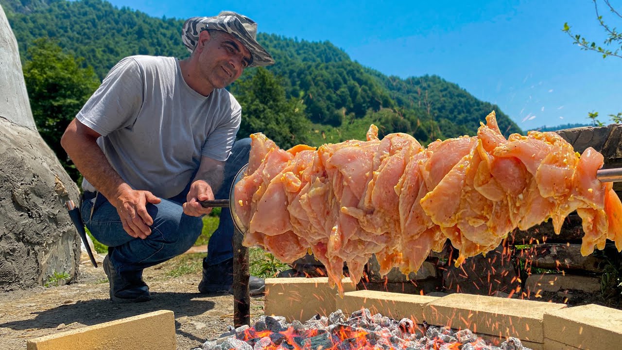 Homemade Chicken Doner Over Open Fire