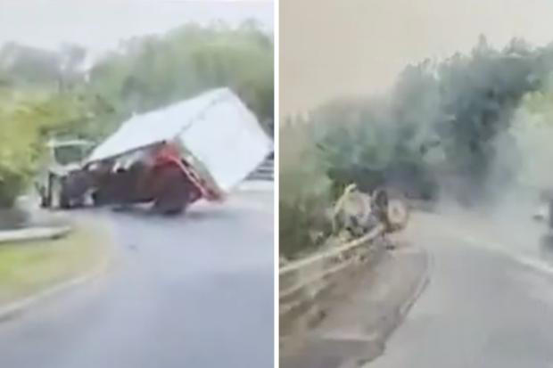 Shocking video shows trailer toppling and tractor falling from M20 ...