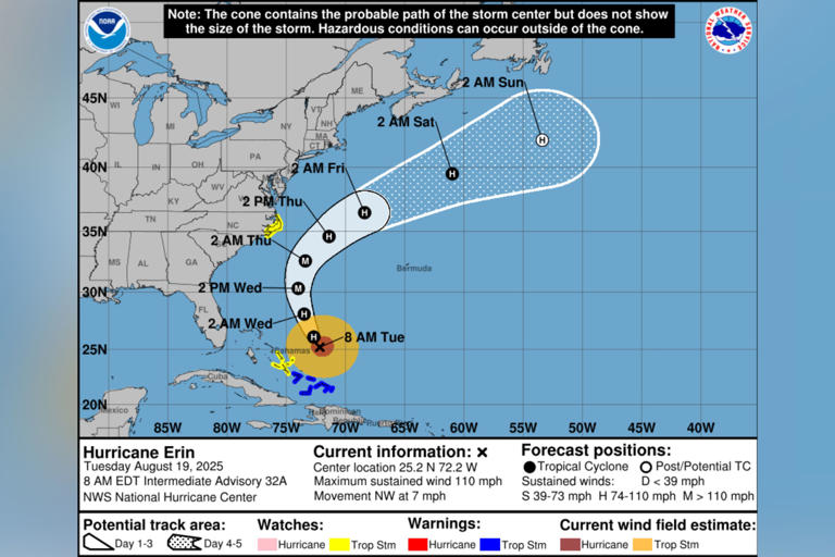 Map shows states to be impacted by Hurricane Erin in path simulation