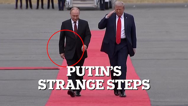 Putin walking with one arm by his side when in Alaska with Trump
