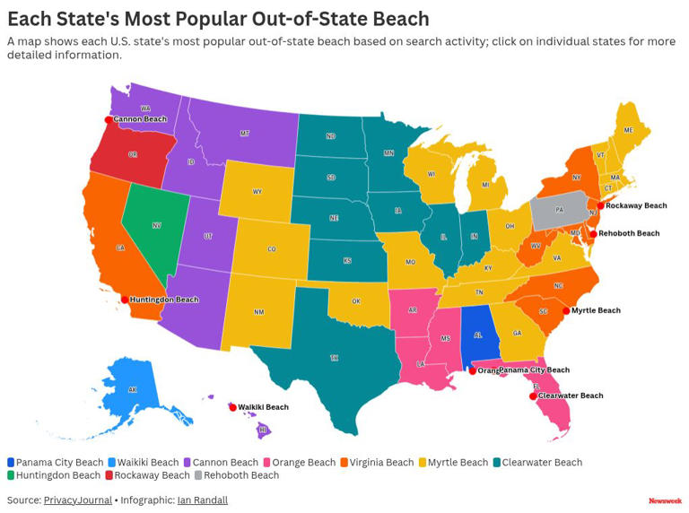 Map reveals each state's most popular out-of-state beach destination