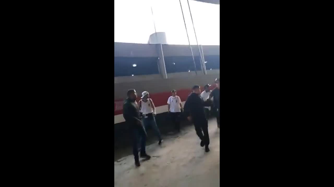 Football fans caught on camera attacking police at stadium