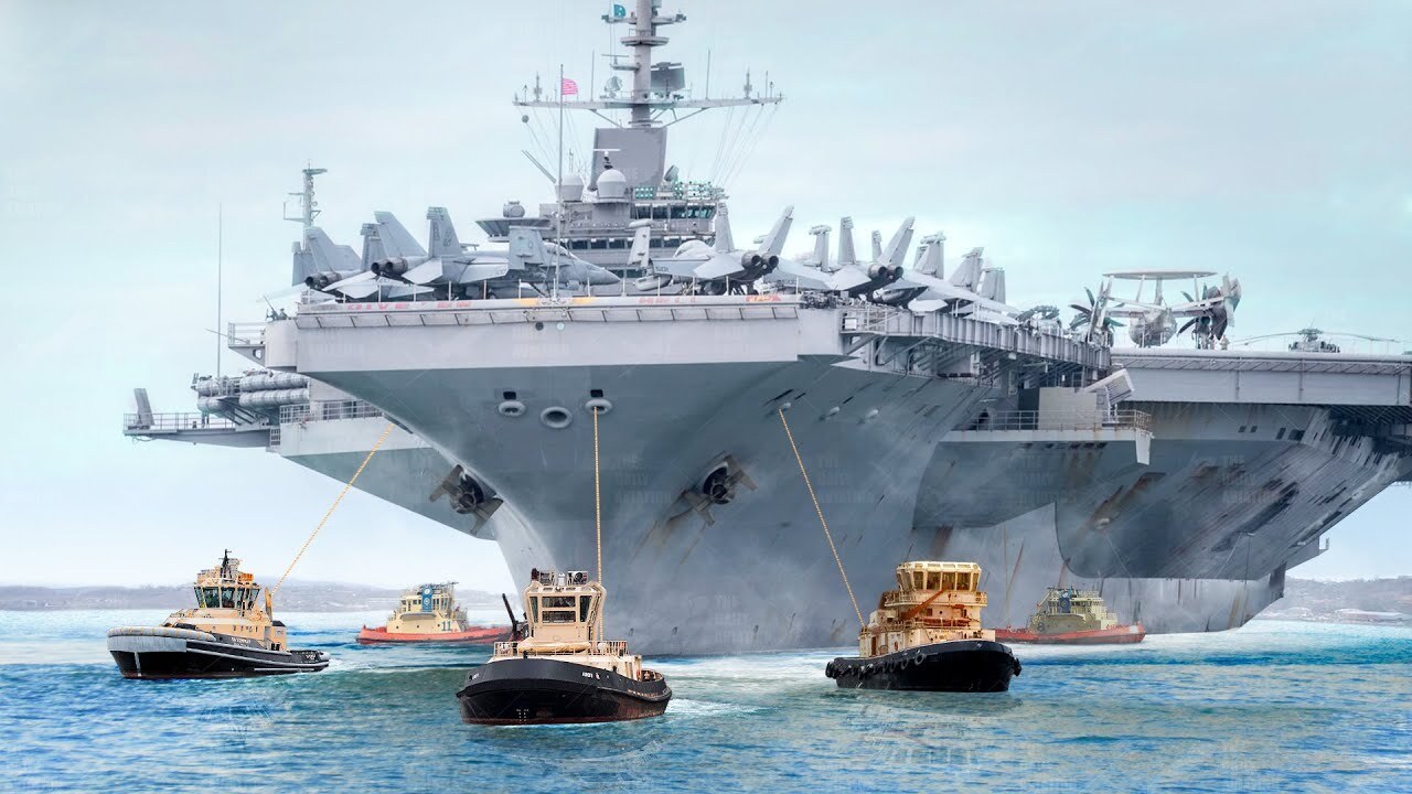 US Massive 100,000 Ton Aircraft Carrier Moved by Tiny Tugboats From ...