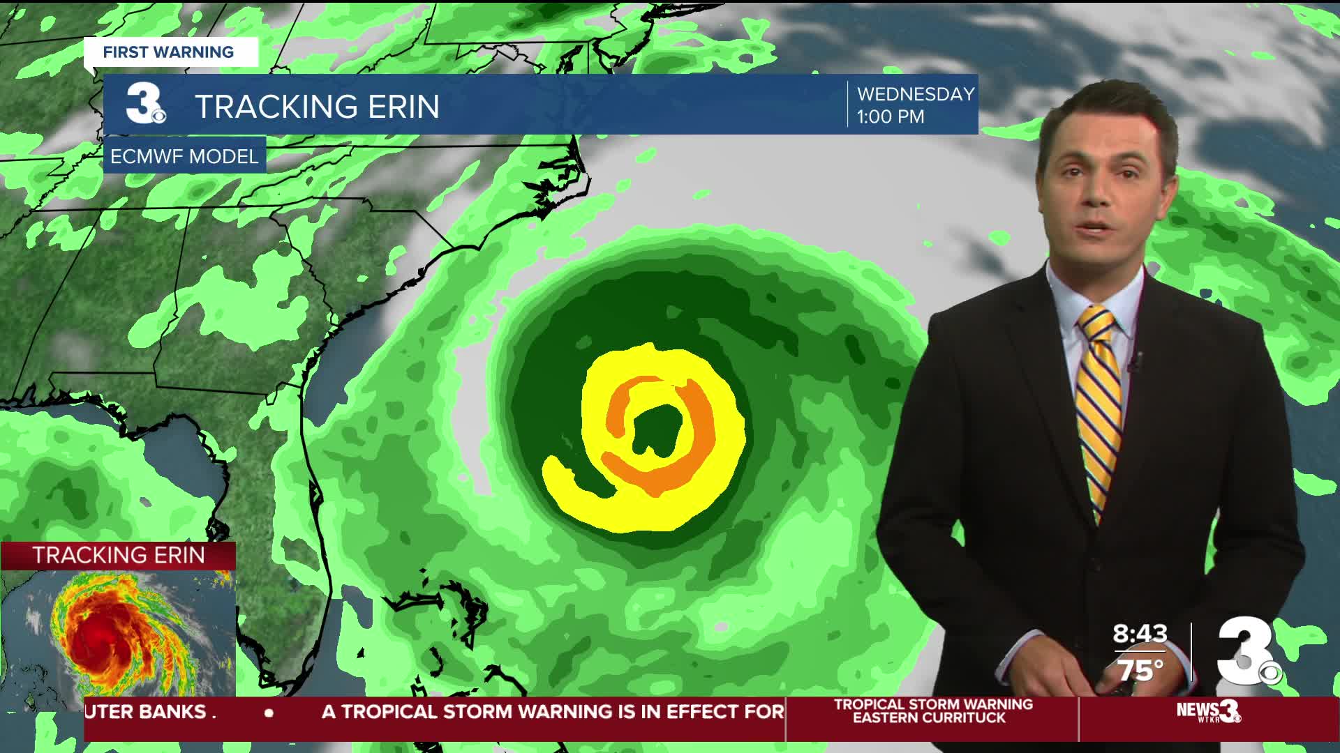 Update on Hurricane Erin's location, wind speeds, possible impacts