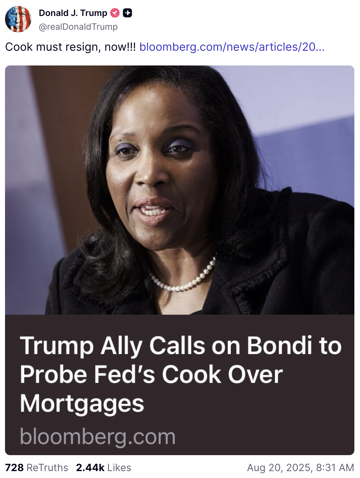 Fed governor Cook responds after President Trump says she 'must resign'