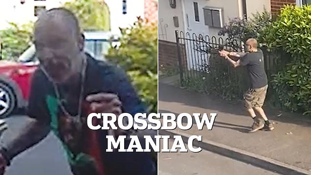 Chilling moment maniac shoots police officer with crossbow