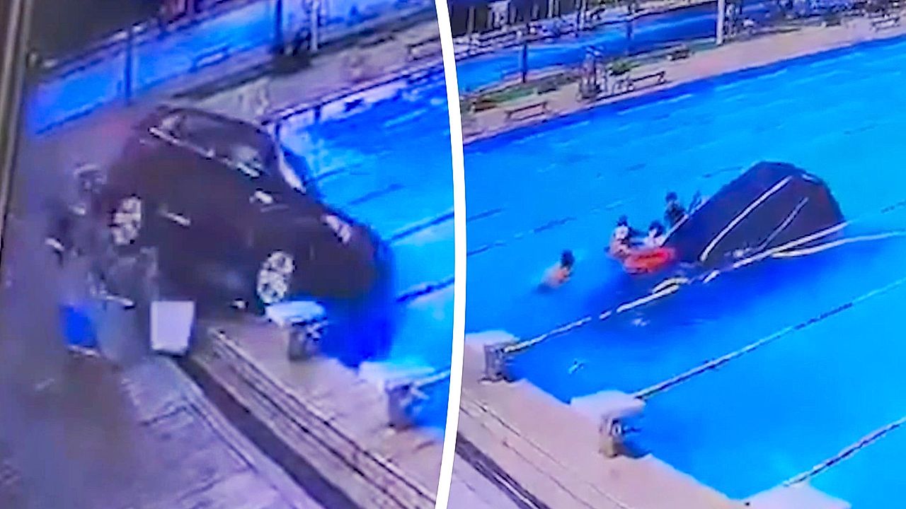 Splash landing: Out-of-control car plunges into swimming pool