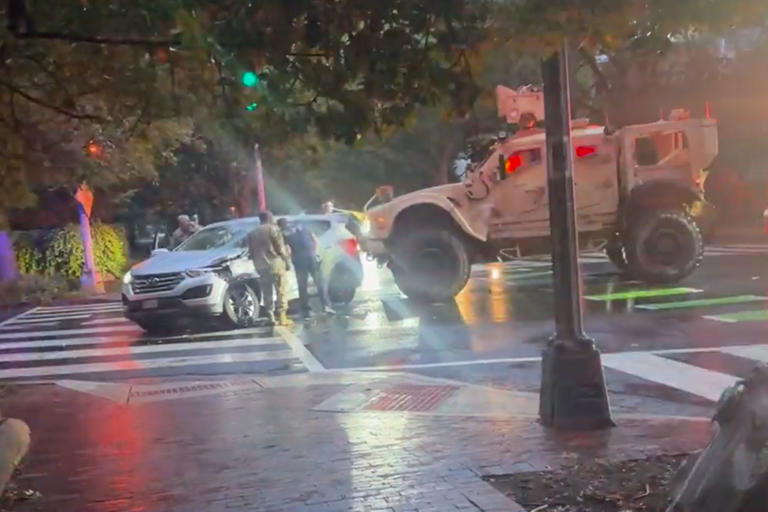 Military MRAP t-bones car in DC amid Trump's national guard deployment