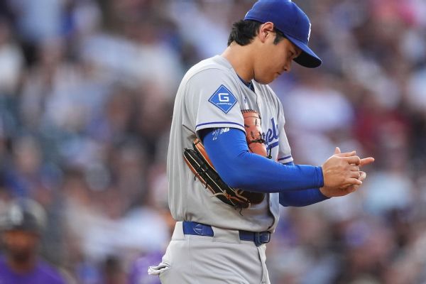 Ohtani gives up 5 runs, takes liner off thigh in Dodgers' loss