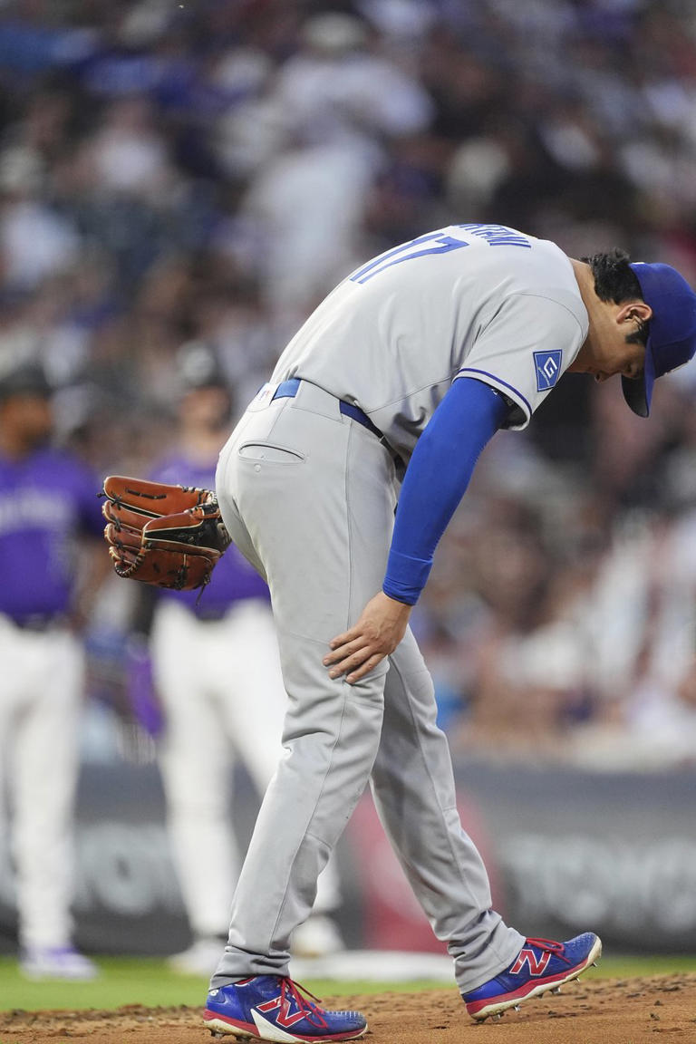 Dodgers' Ohtani roughed up by Rockies, leaves game after getting hit on ...