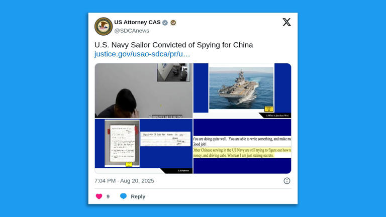 U.S. Navy sailor convicted of spying for China after selling "secrets ...