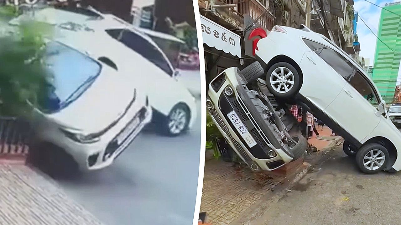 Bizarre moment driver flips parked car in epic reverse maneuver fail