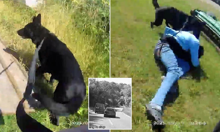 Moment police dog chases down and bites dangerous driver who tried to ...