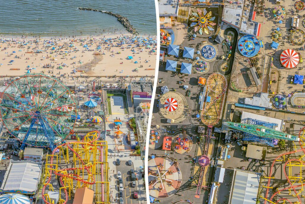 Aerial photographer captures stunning sun-drenched scenes over Coney Island