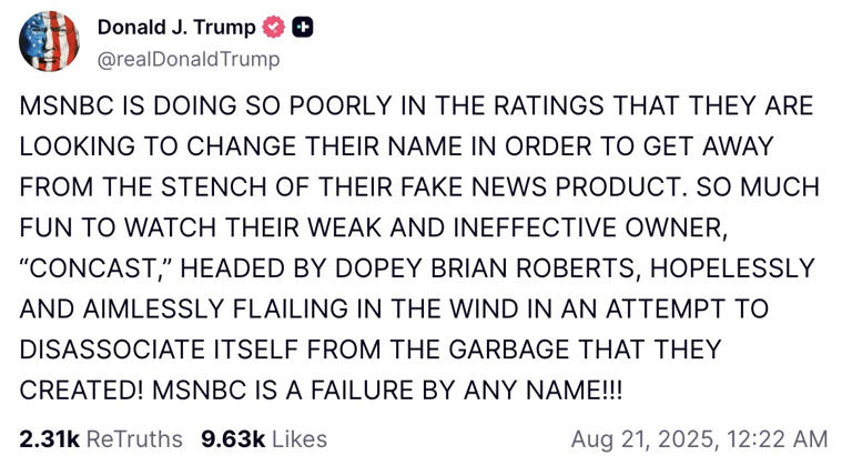 Trump Rages at MSNBC’s Rebrand in Dead-of-Night Screed