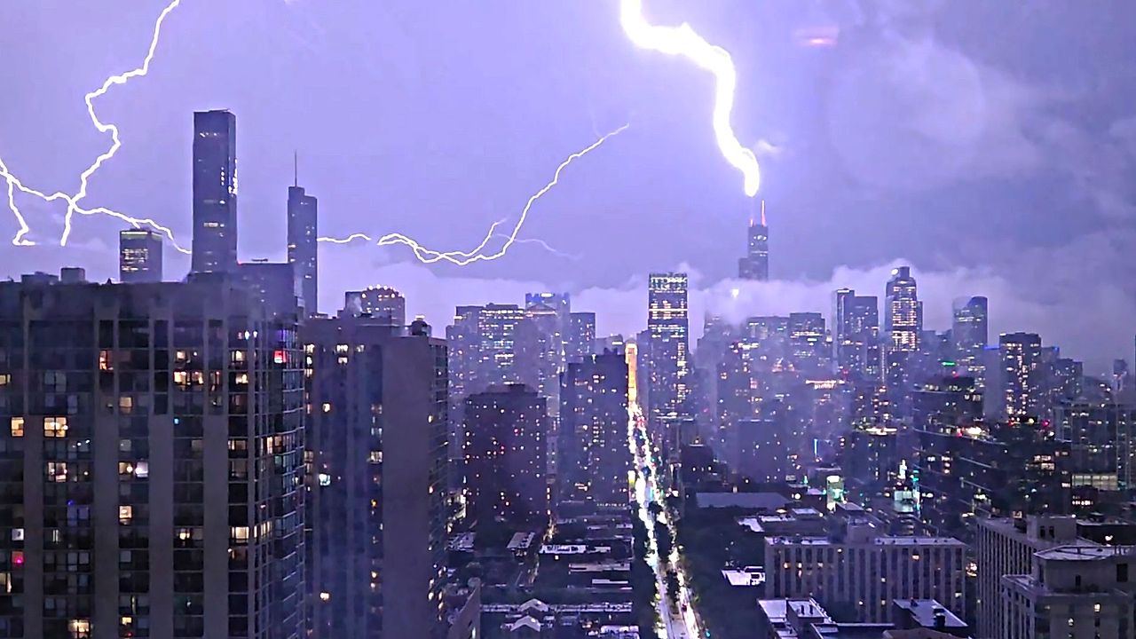 Chicago skyline lights up in fierce storm as lightning strikes repeatedly