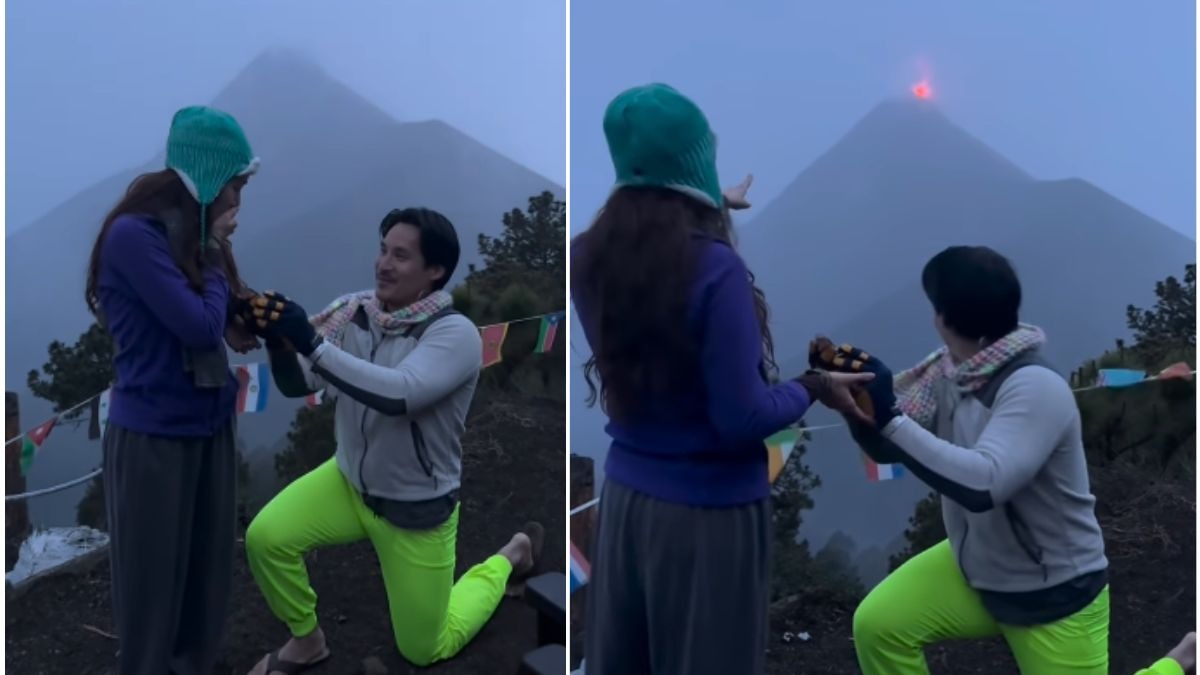 Volcano erupts moments after woman says yes to boyfriend's proposal in ...