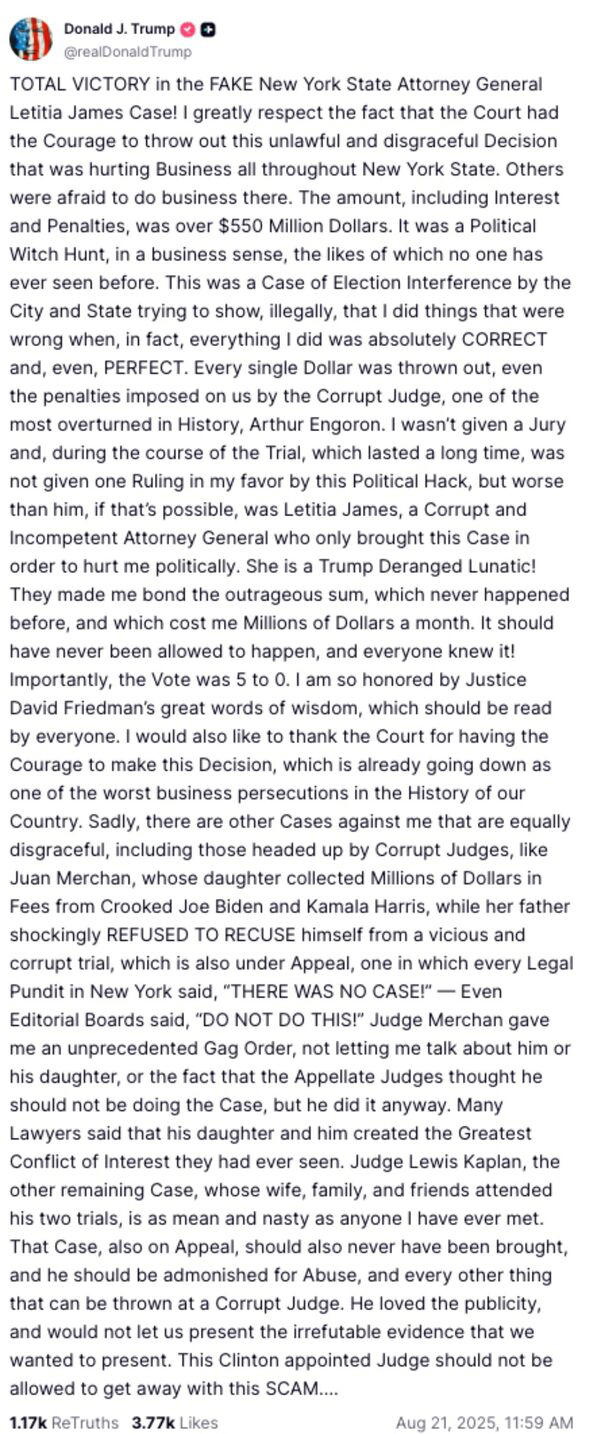 Trump touts 'total victory' in lengthy Truth Social rant over $550M ...