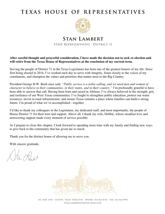 District 71’s Stan Lambert announces retirement from Texas Legislature