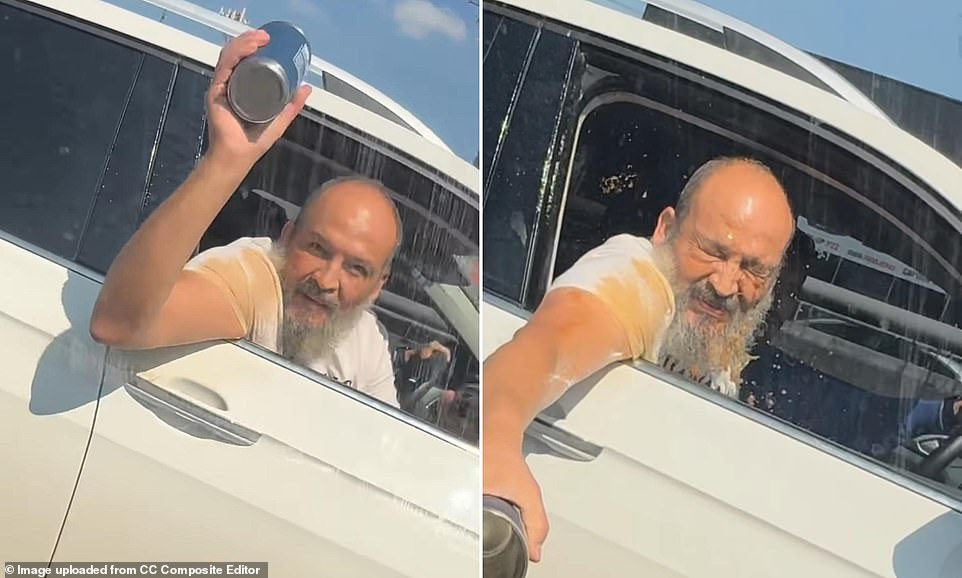 Road-rage passenger hit by instant karma while trying to hurl coffee