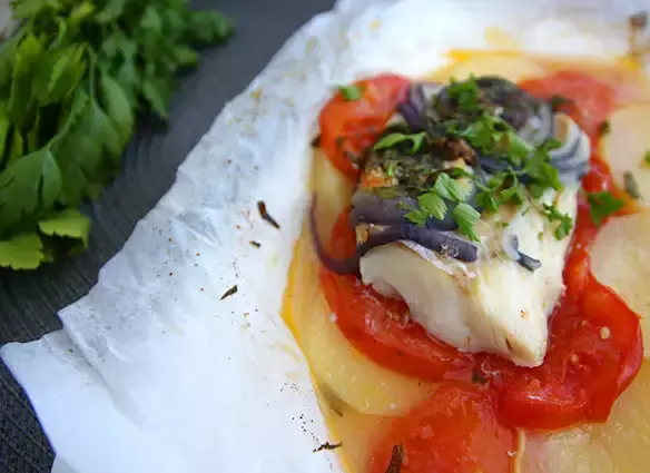 Cod fish in parchment