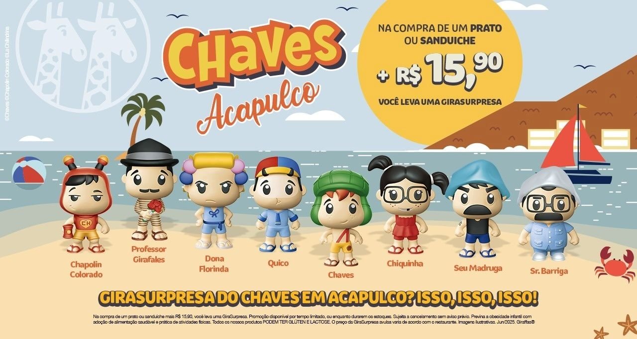Bonecos de Chaves em Acapulco estão disponíveis no Giraffas! Veja preço
