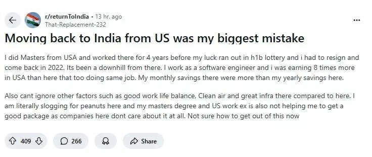 'Moving back to India from US biggest mistake': Redditor's rant goes ...