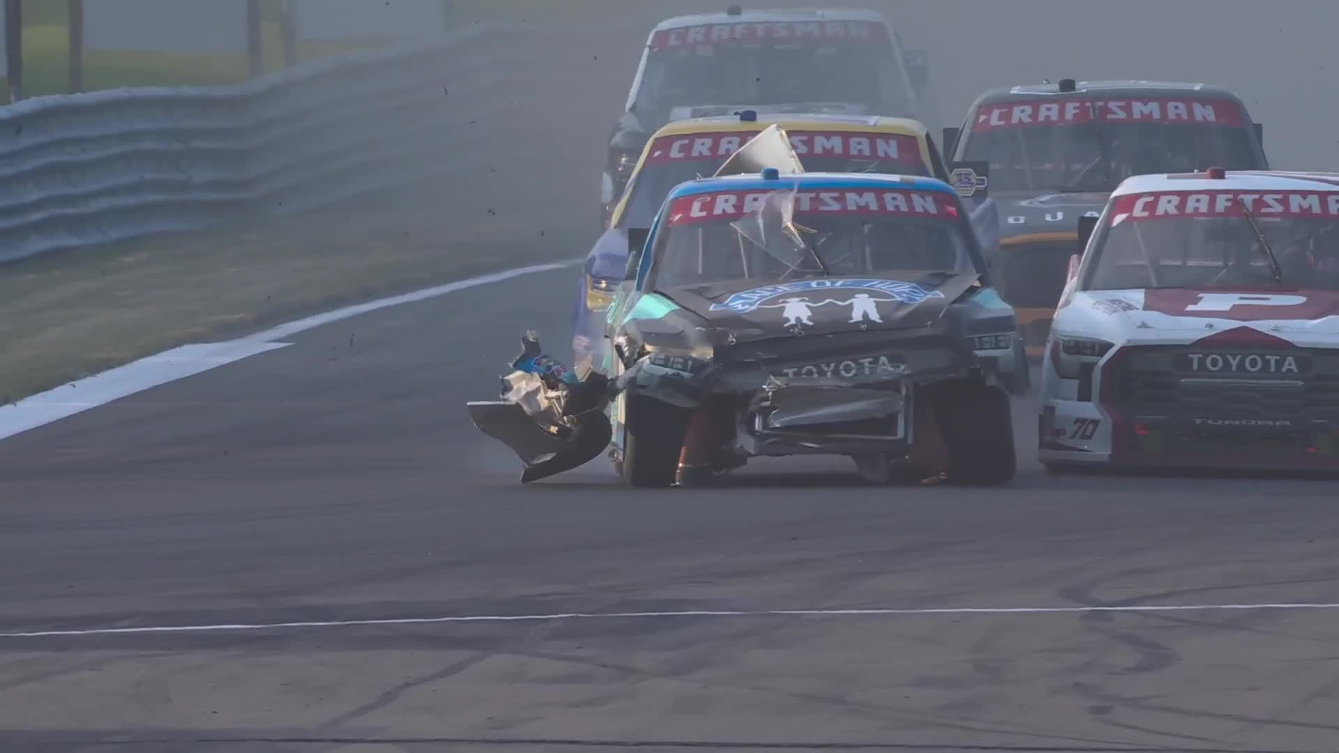 Tanner Gray slams into the wall after contact with Ty Majeski