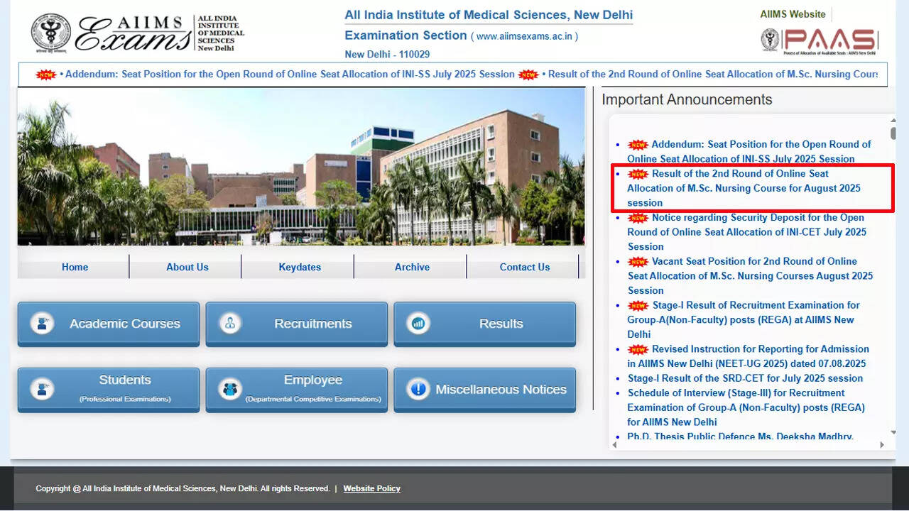 AIIMS CRE 2025: M.Sc. Nursing seat allotment 2nd round result out at ...