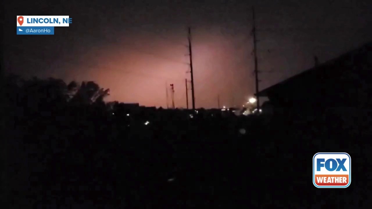 Back-to-back lightning flashes in Nebraska's capital during severe storms