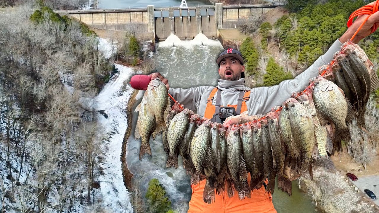 Slabs piled up below massive spillway for bank fishing catch