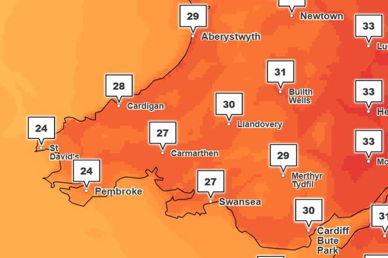 Weather maps show areas of Wales set for 32C at peak of heatwave