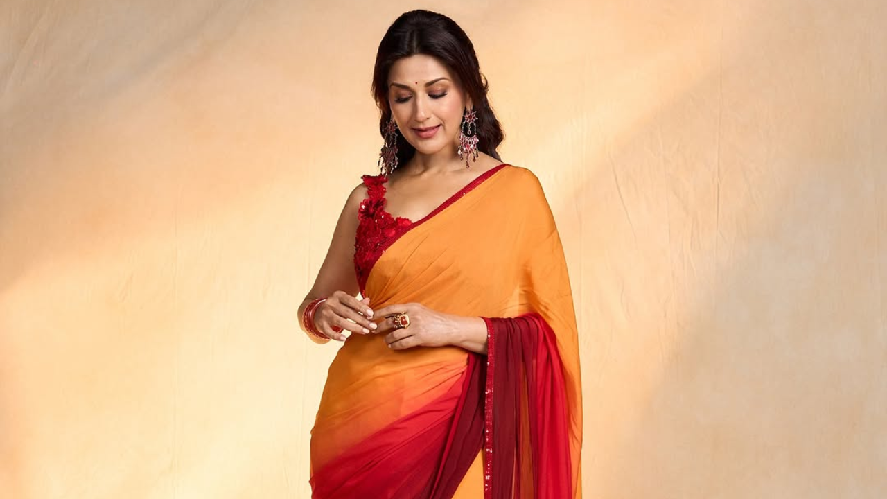 Sonali Bendre’s sunset-hued saree with appliqué blouse took 500 hours ...