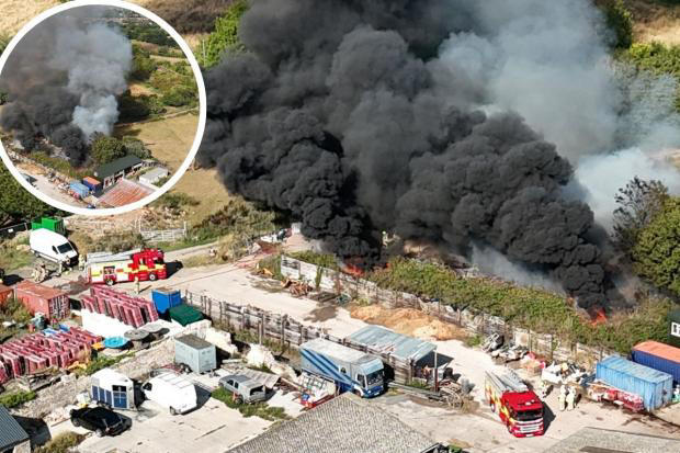 Drone footage shows dramatic farm fire between south Wales towns